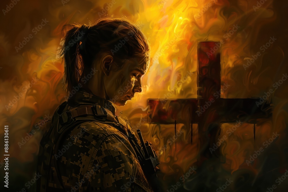 Christian female soldier stands in front of a cross with abstract ...