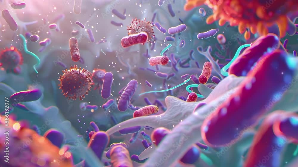 3D Illustration of Bacteriophage and Viruses. Colorful bacteria and ...