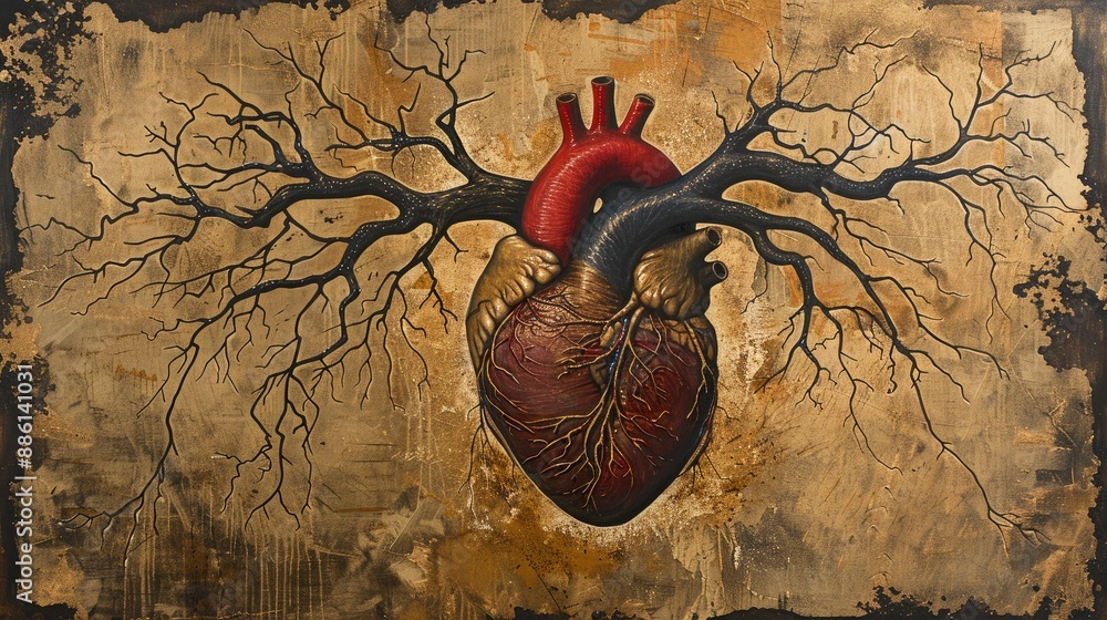 Heart-centered artwork showing cardiac veins and coronary arteries ...