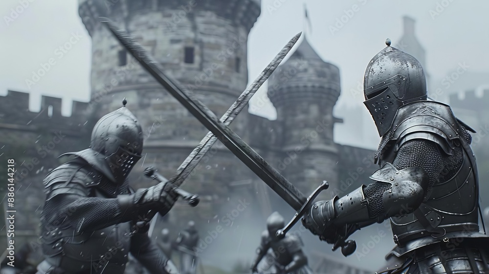 Two knights in full armor clash swords in front of a medieval castle. Stock Photo | Adobe Stock