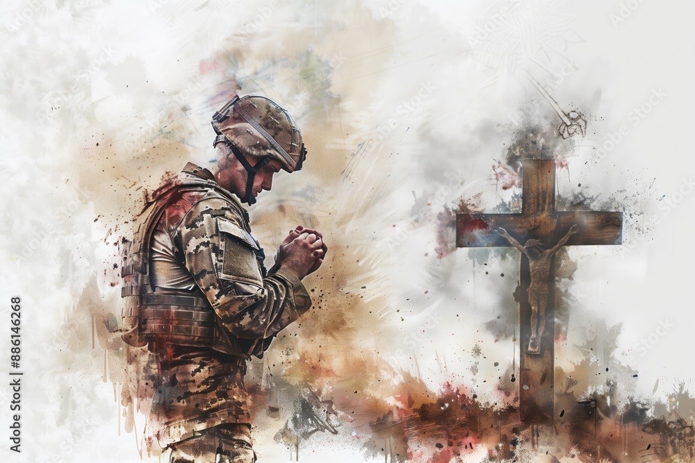 Soldier stands near wooden cross with intricate carvings. Military ...