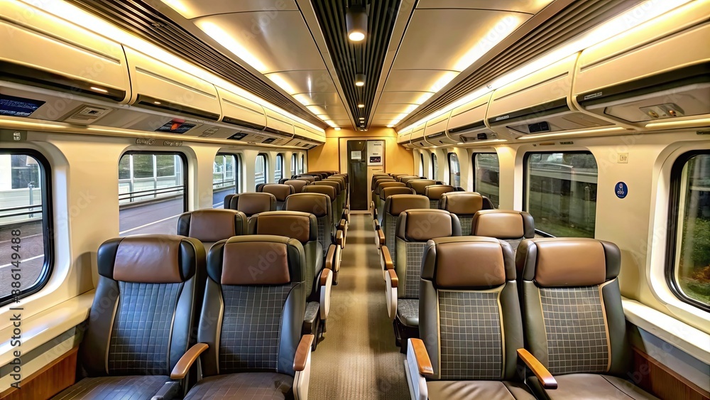 Interior of a modern passenger train with comfortable seats and windows ...