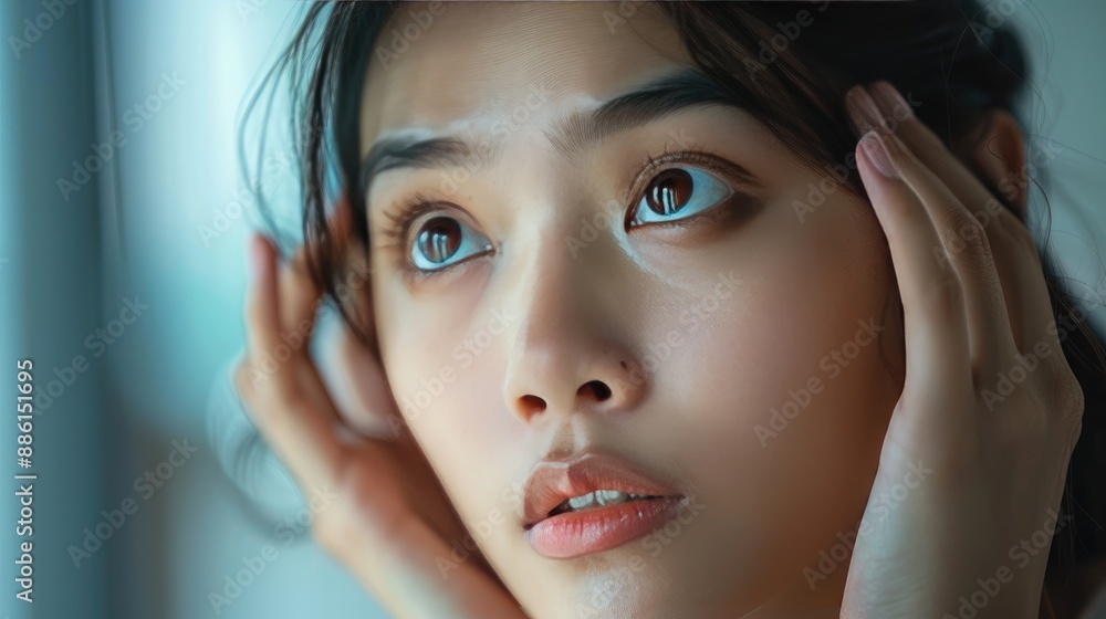 Bored Asian woman with insomnia looking at herself in the mirror ...