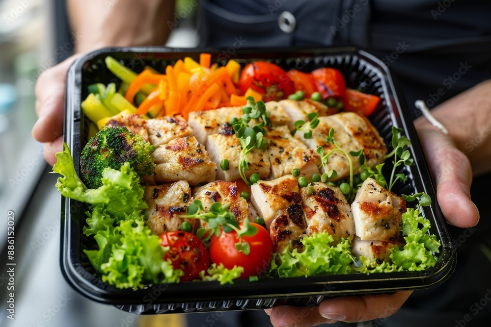 Man holding a plastic black container box with healthy fitness meal ...