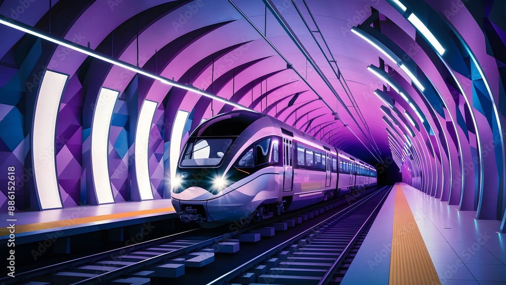 a futuristic subway train station, with a sleek, streamlined train on ...