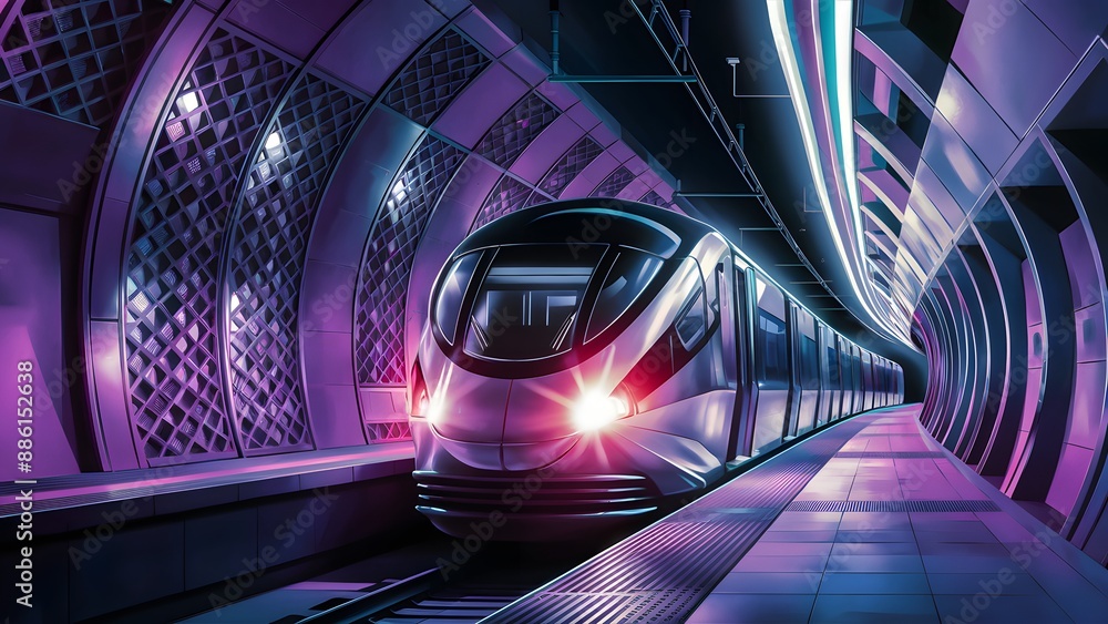 a futuristic subway train station, with a sleek, streamlined train on ...