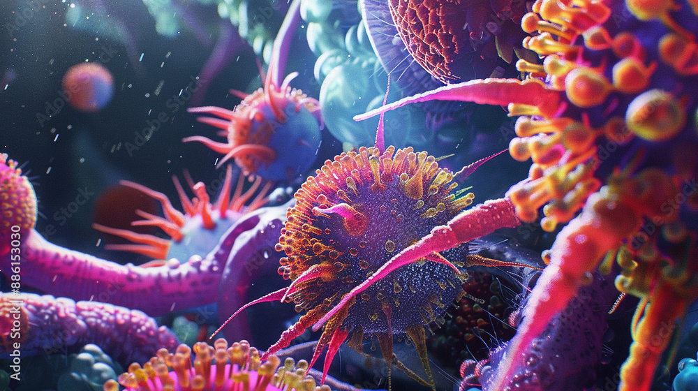 3D Illustration of Bacteriophage and Viruses. Colorful bacteria and ...