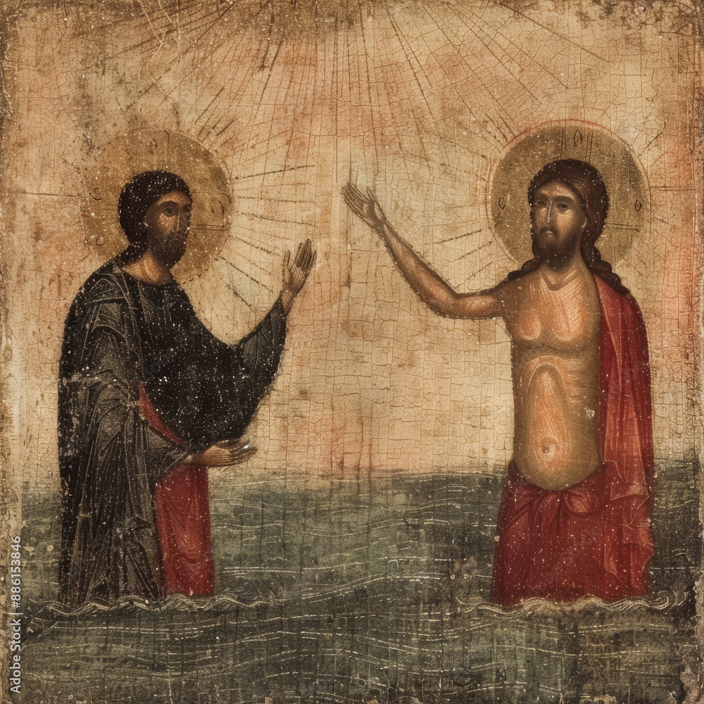 an icon of the Baptism of Jesus depicted in traditional Byzantine style ...