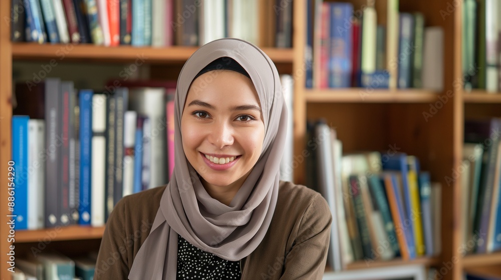 Hijab wearing female philosopher in casual clothes smiling serenely at ...