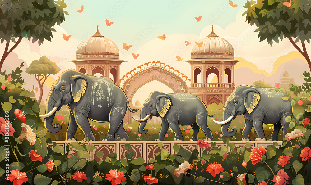 Traditional Mughal emperor and queen riding an elephant, with a horse ...