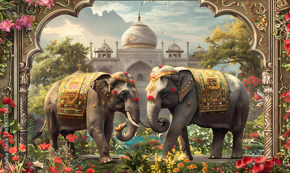 Traditional Mughal emperor and queen riding an elephant, with a horse ...