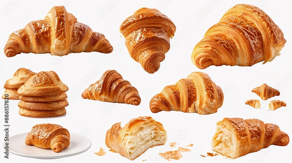 Croissants that fresh and delicious falling in the air isolated on ...