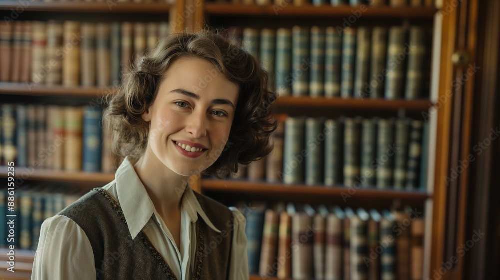 Professional female historian in formal attire, smiling warmly at the ...