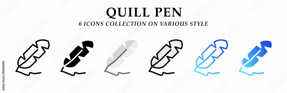 Quill pen icons collection. 6 Various styles. Lineal, solid Black, flat ...