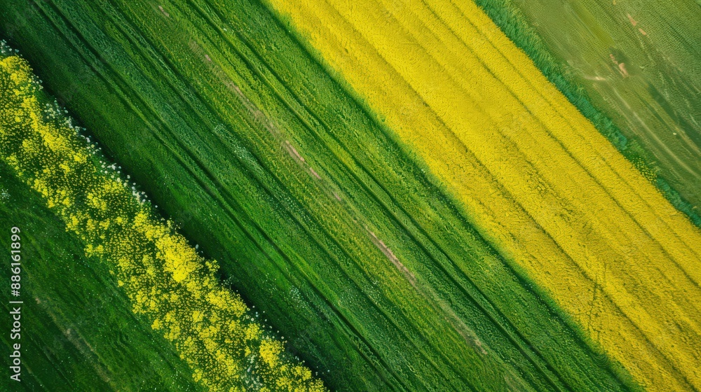 Depict an aerial view of farmland with wildflowers blooming along the ...