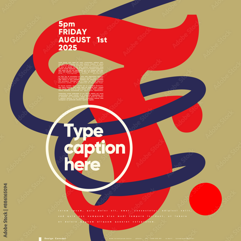 A dynamic poster with swirling shapes in bold red and blue on a mustard ...