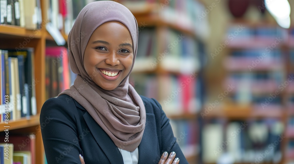 Smiling Female Historian Wearing Hijab and Formal Attire in Library ...