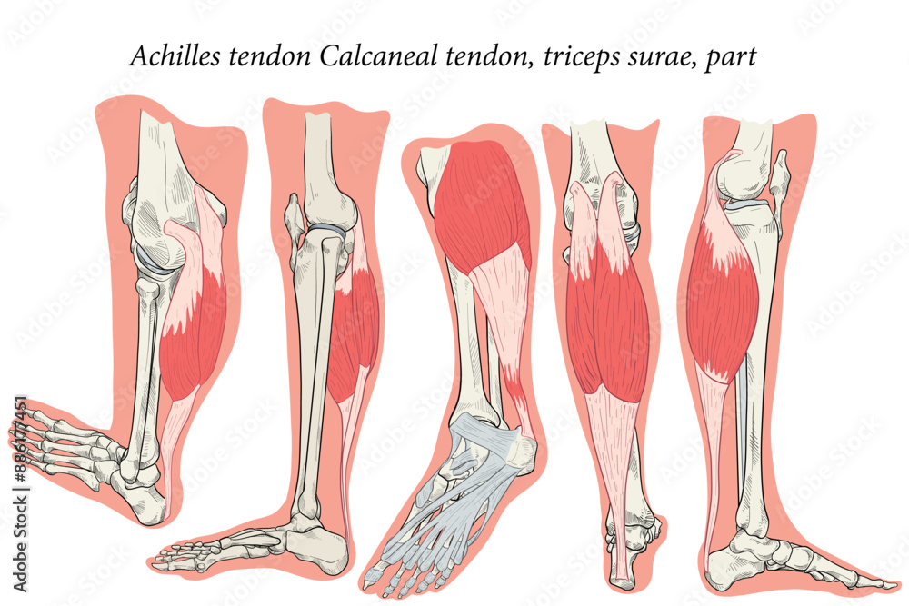 Medical illustration side view of Foot Achilles tendon Calcaneal tendon ...