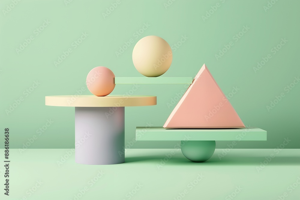 3D rendering of colorful geometric shapes balanced on a green ...