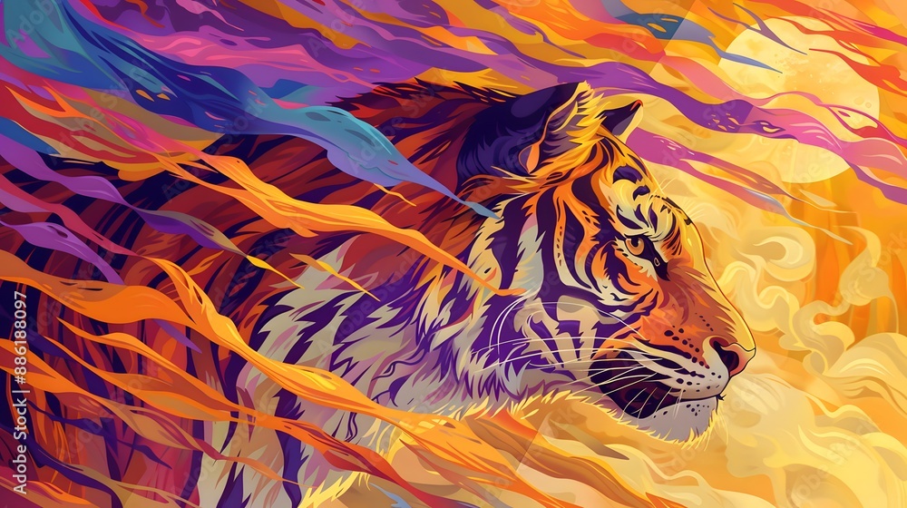 Drawing of a tiger head soaring with an intersex pride flag, striped ...