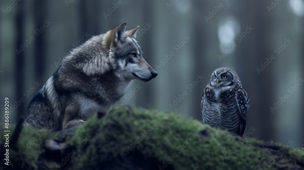 In the quiet forest, the wolf and owl coexist as symbols of wild nature ...
