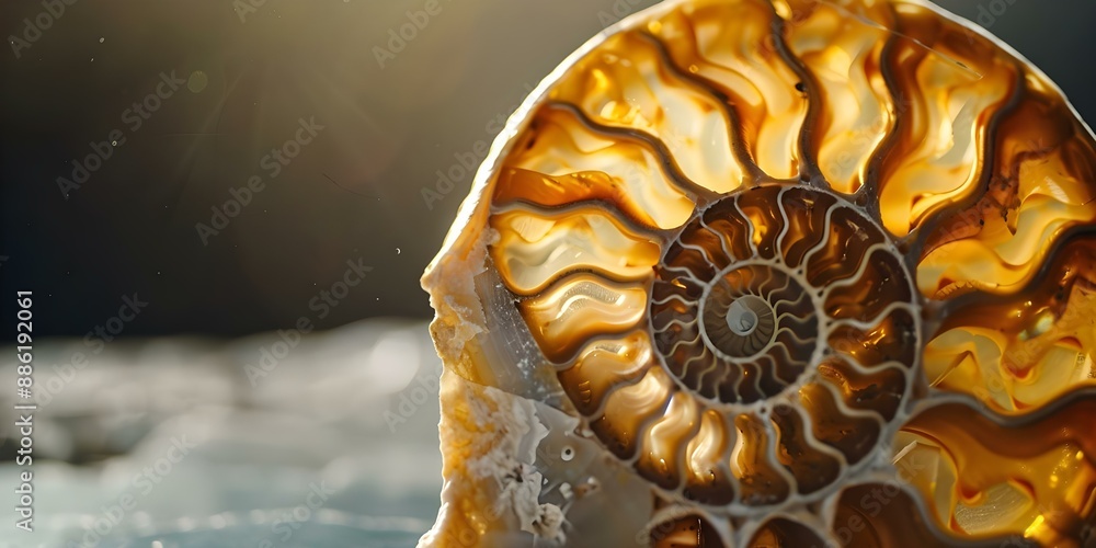 High-resolution 4K UHD closeup of a polished ammonite fossil shell ...