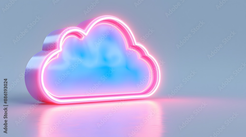 Neon cloud icon. Pink and blue glowing cloud symbol on light blue background. Futuristic design ...