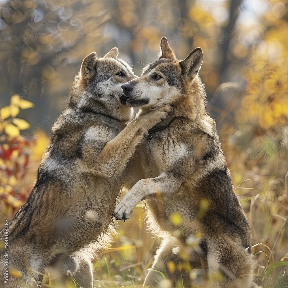 Two dogs playing and wrestling in an autumn meadow. One of them a ...