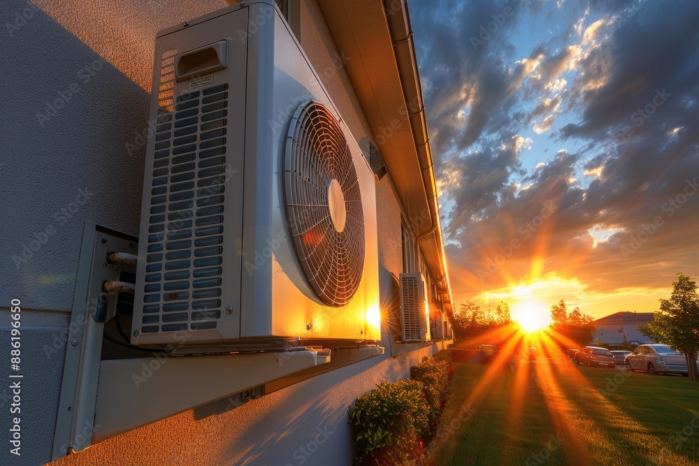 Sunset view of an air conditioning unit on an apartment building Stock ...