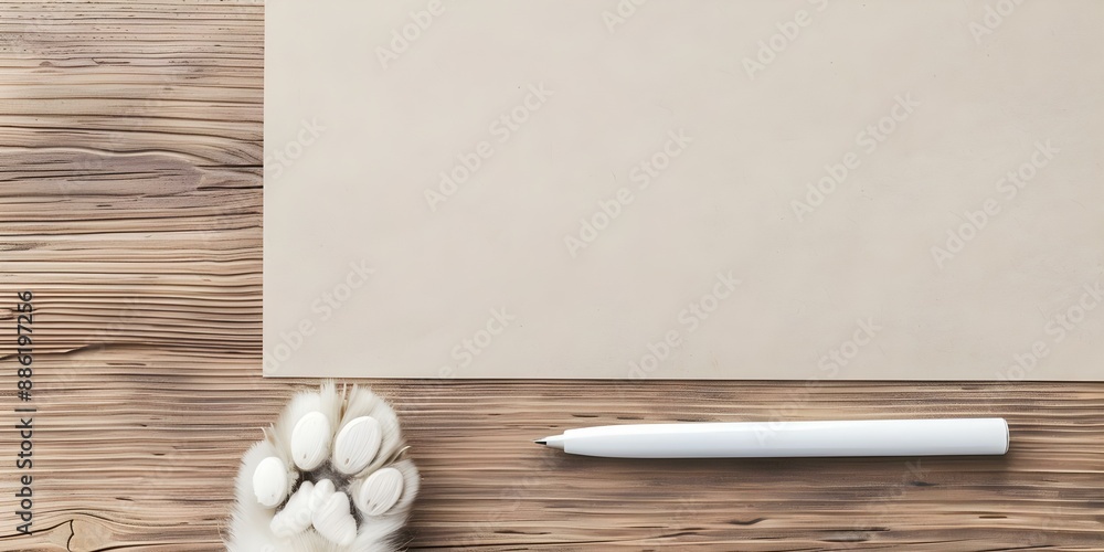 Topdown view of 3D pet insurance contract next to paw print. Concept ...