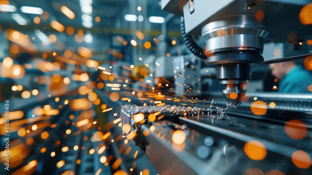 An engineer inspecting freshly machined parts on a conveyor belt inside ...