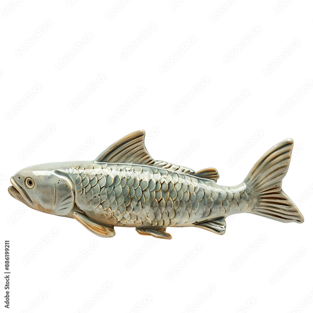Angled view of a ceramic tarpon fish figurine swimming in mid air ...