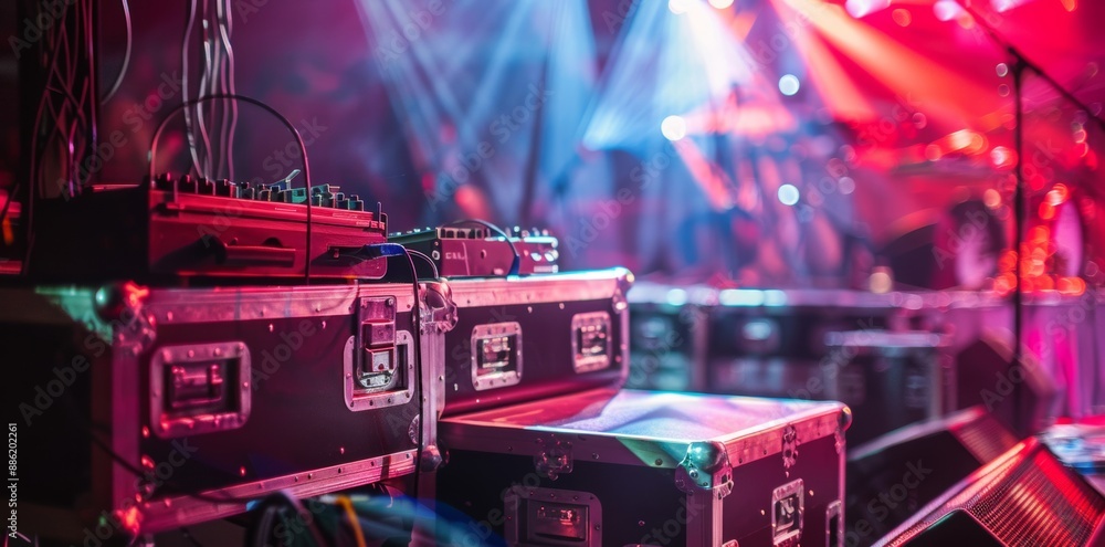 Audio equipment cases lined up in a concert setting, ready for use ...