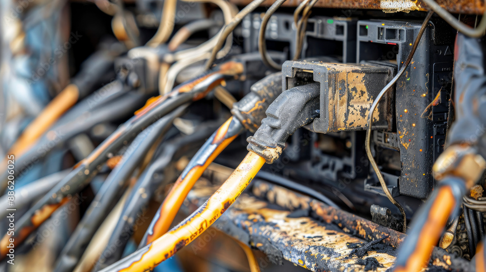 Short circuit fire caused damaged electrical wiring. The cable wires ...