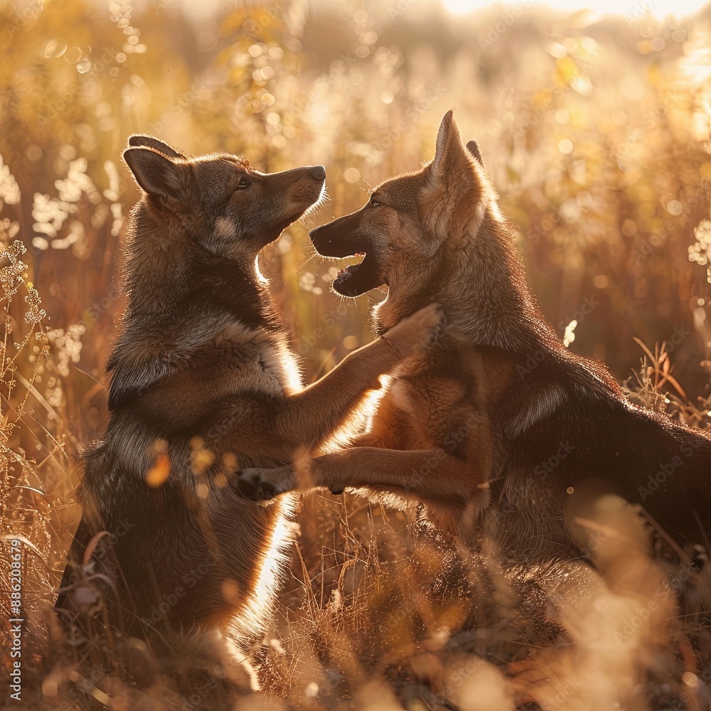 Two dogs playing and wrestling in an autumn meadow. One of them a ...