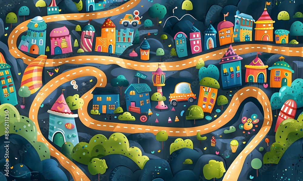 Cheerful cartoon city map with winding roads, colorful buildings Stock ...