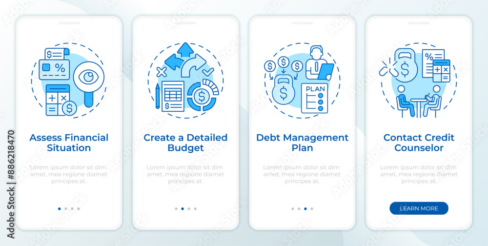 Debt restructuring process blue onboarding mobile app screen ...