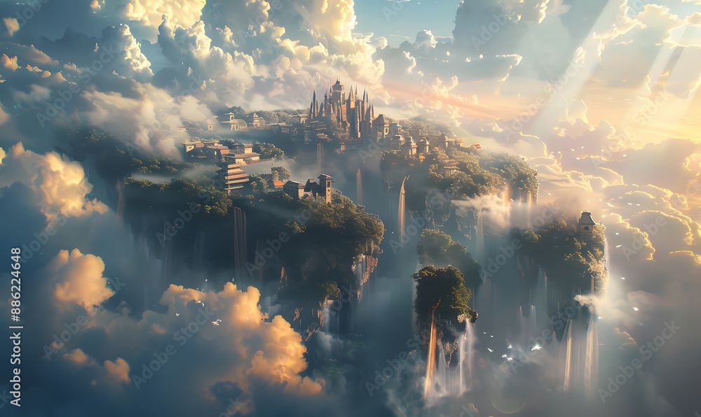 Surreal composition of a floating village in the sky, with waterfalls ...