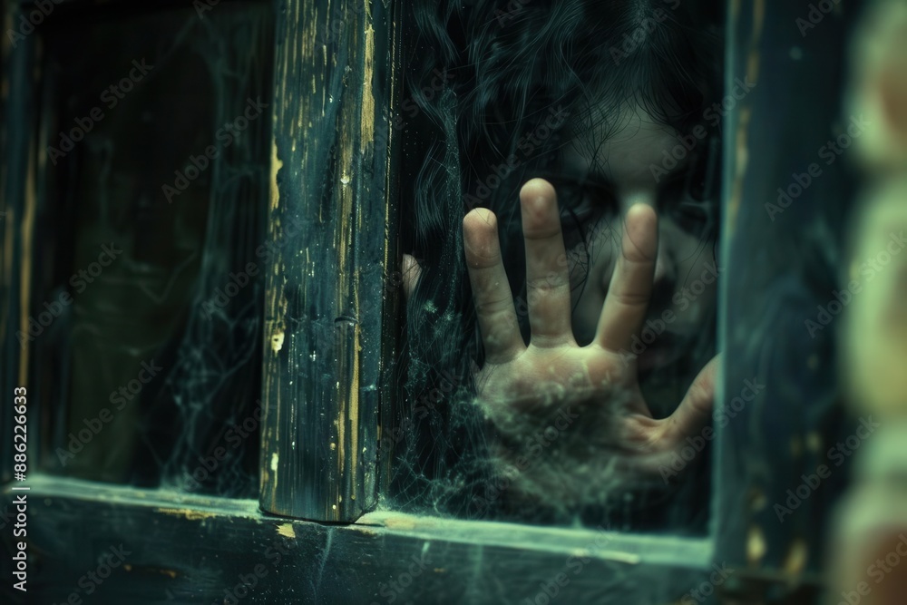 Scary picture of hands behind glass, featuring a horror ghost woman ...