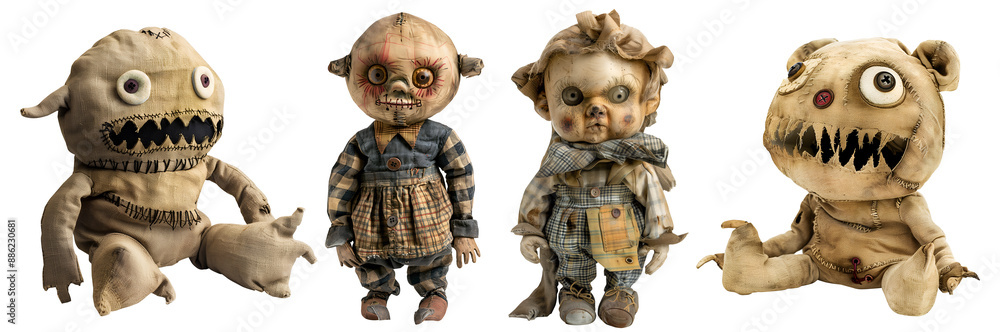 Set collection of scary patchwork funny rag monster doll puppet on ...