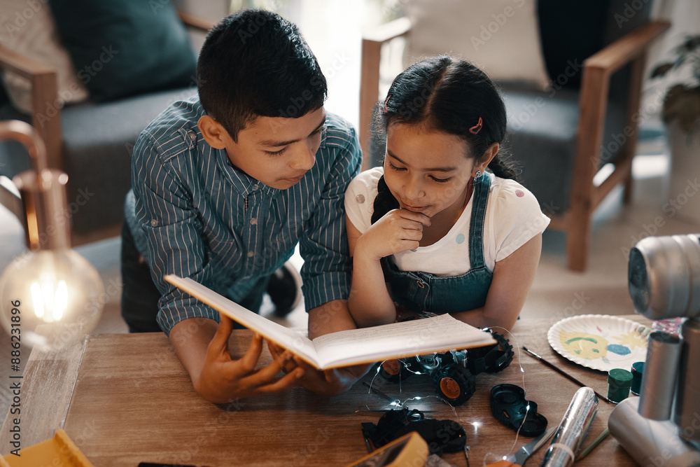 Young children, siblings and reading with book for science project ...