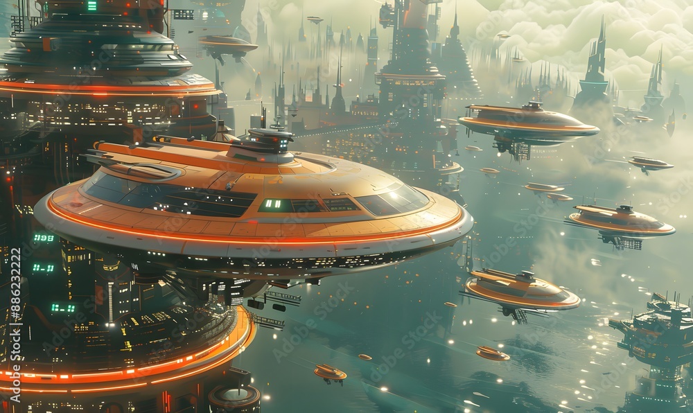 Dynamic scene of futuristic ships and hovercrafts navigating through a ...
