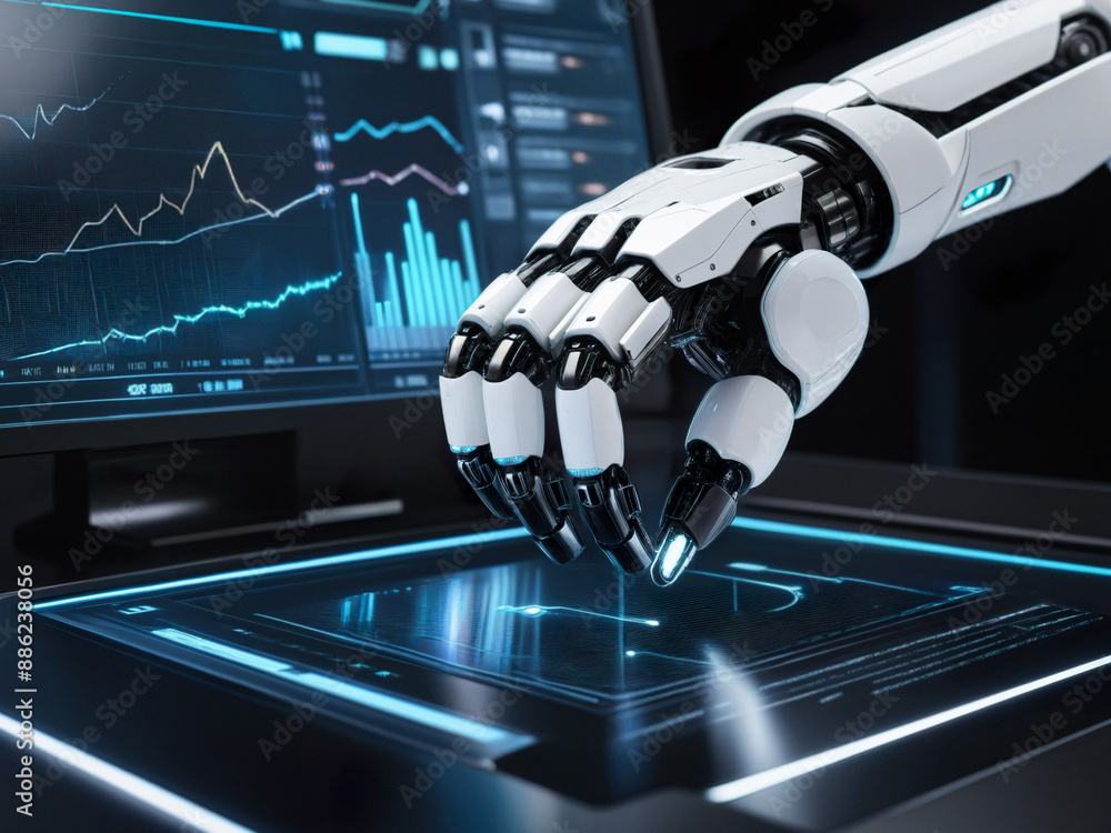 robotic hand points to graph, diagram. artificial intelligence analysis ...