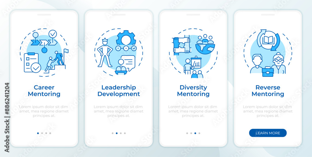 Mentoring in workplace blue onboarding mobile app screen. Walkthrough 4 ...