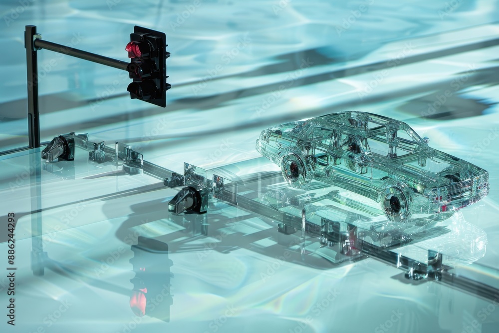 Transparent glass transport car and traffic light on light-blue surface ...