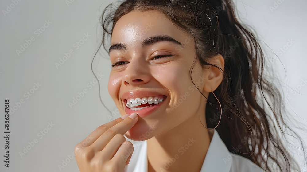 Happy woman hand hold Invisalign braces, transparent aligner, invisible ...