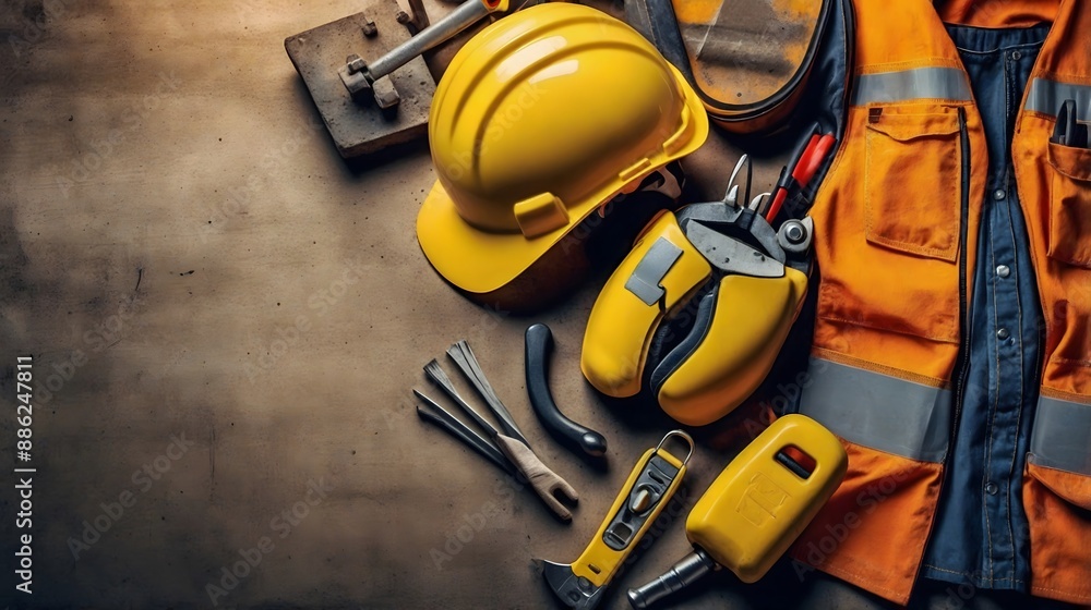 Safety and health work safety equipment worker set background with ...