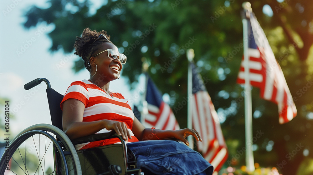Disabled black woman with glasses smiling happily on independence day ...