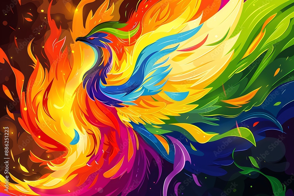 bold and colorful digital illustration of rainbow phoenix rising from ...