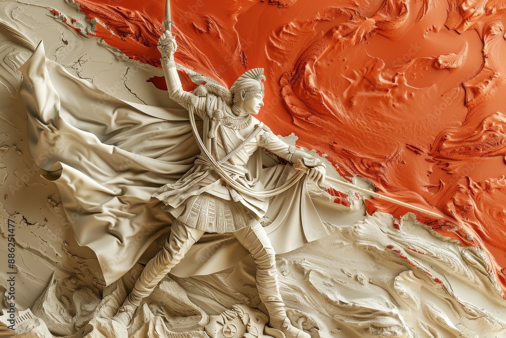 A statue of a man in a heroic pose, holding a flag in one hand, Create ...